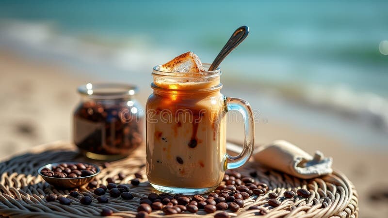 Refreshing Iced Coffee Tropical Beach Ocean View Beans Stock Photos ...