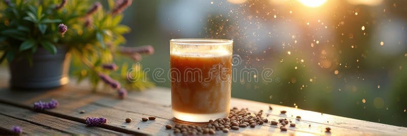 Refreshing Iced Coffee on Wooden Table with Coffee Beans and Sunlit ...