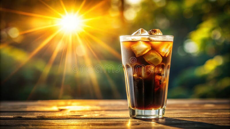 Refreshing Iced Dark Beverage in Sunlight on Wooden Table. Generative ...