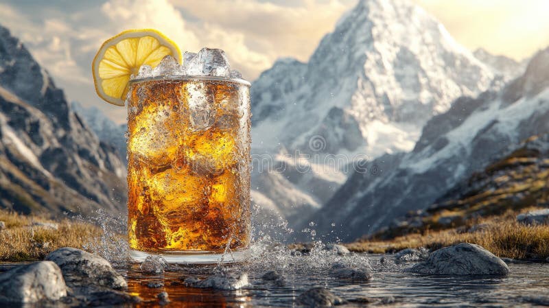 Refreshing Iced Drink with Lemon in Mountain Stream Landscape Stock ...