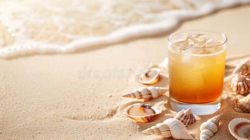 Refreshing Iced Drink on Sunny Beach with Shells Stock Photo - Image of ...