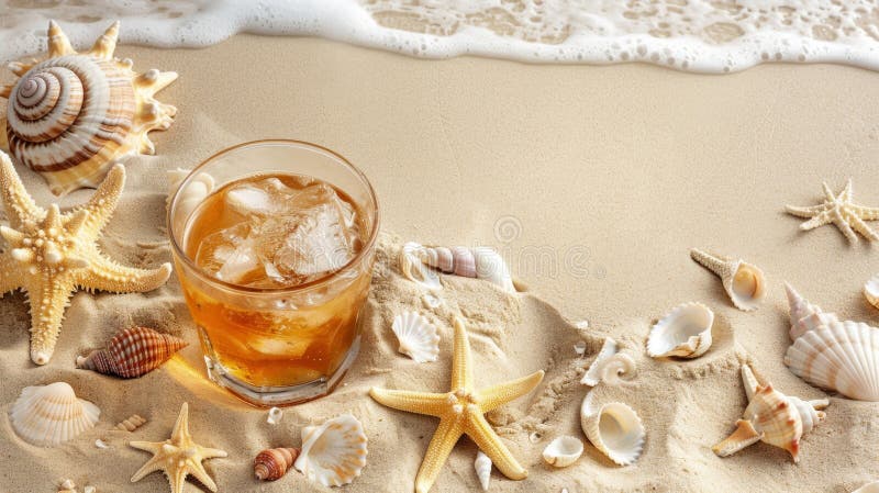 Refreshing Iced Drink on Sunny Beach with Starfish and Shells Stock ...
