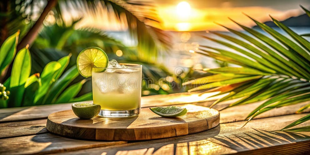 Refreshing Iced Drink at Sunset on Tropical Beach. Generative AI Stock ...