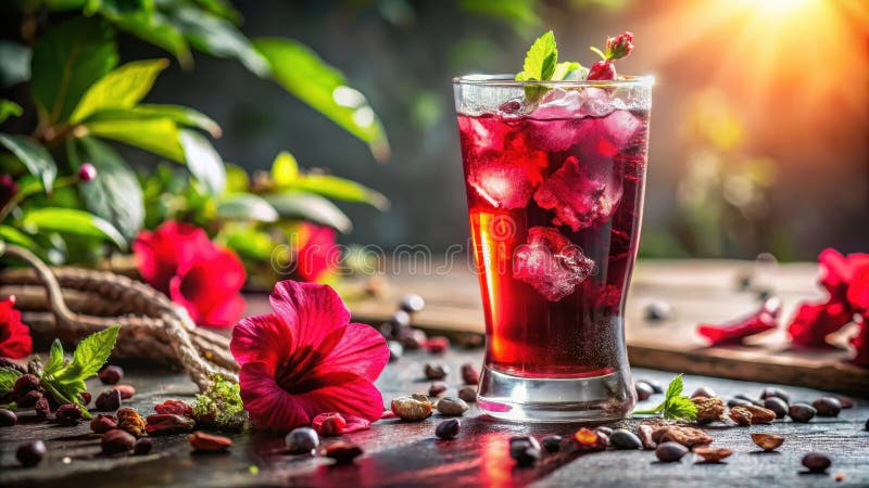 Refreshing Iced Hibiscus Beverage with Floral Garnish on Rustic Table ...