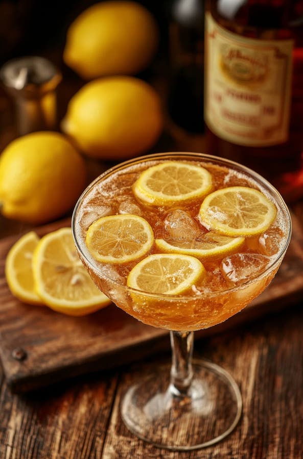 Refreshing Iced Lemon Cocktail with Lemon Slices on a Rustic Wooden ...