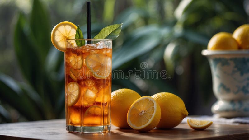 Refreshing Iced Lemon Tea with Tropical Theme. Stock Illustration ...