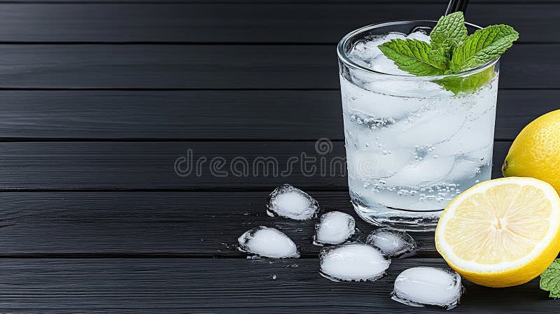 Refreshing Iced Lemon Water with Mint on Black Wooden Surface Stock ...