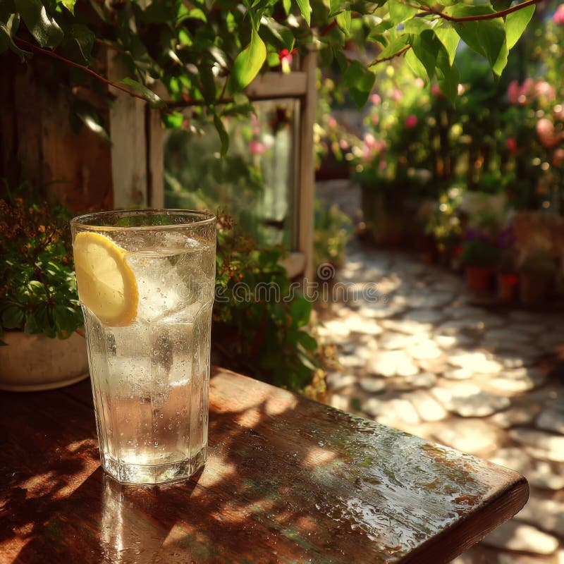 Refreshing Iced Lemon Water in a Sunny Garden Stock Illustration - Illustration of plants ...