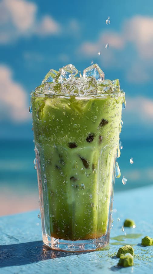 Refreshing Iced Matcha Drink by the Ocean Stock Illustration ...