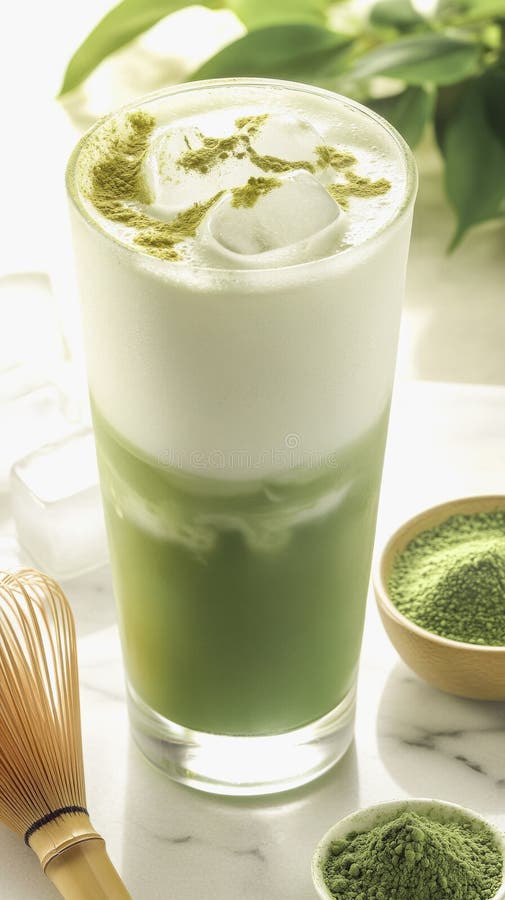 Refreshing Iced Matcha Latte with Foam and Green Tea Powder Stock Photo - Image of gourmet ...