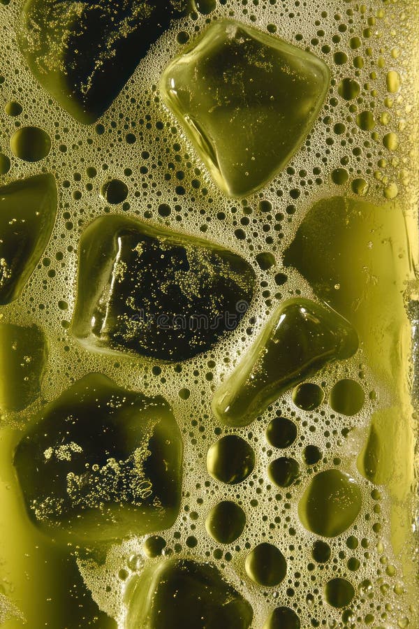 Refreshing Iced Matcha Tea, Macro Shot. Green Liquid with Bubbles and ...
