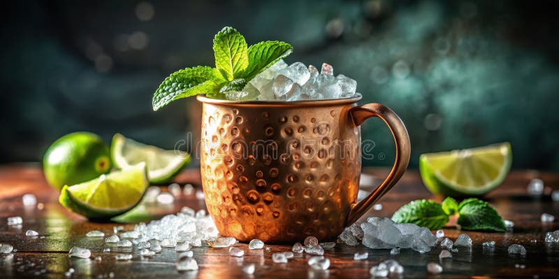 Refreshing Iced Mint Drink in Copper Mug with Lime. Generative AI Stock ...