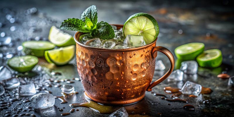 Refreshing Iced Mint Lime Beverage in Copper Mug. Generative AI Stock Illustration ...