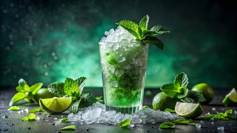 Refreshing Iced Mint Lime Drink with Crushed Ice. Generative AI Stock Illustration ...