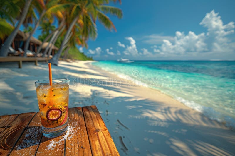 Refreshing Iced Tea on a Beach, Sipping through a Straw Under a Cloudy ...