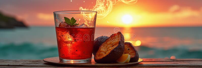 Refreshing Iced Tea with Blood Plums at Sunset by the Ocean Stock Photo ...