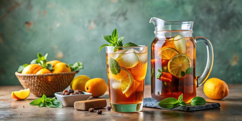 Refreshing Iced Tea with Citrus and Mint in Glass and Pitcher ...