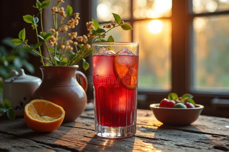 Refreshing Iced Tea Citrus Slice Rustic Table Sunset Stock Photos ...