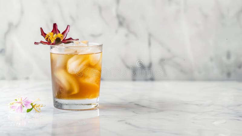 Refreshing Iced Tea Cocktail Garnished with Exotic Flower on Marble ...