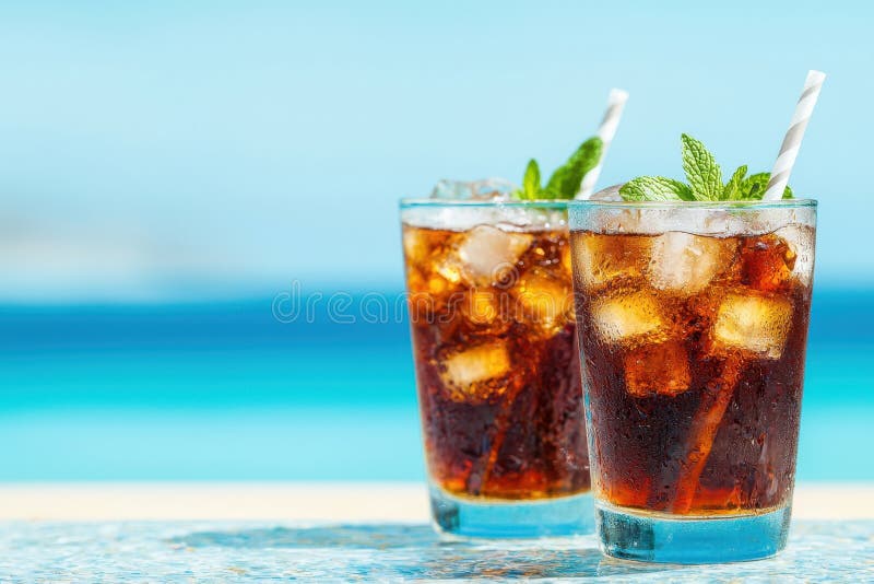 Refreshing Iced Tea and Cola by Infinity Pool Summer Vacation Stock ...