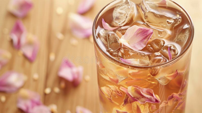 Refreshing Iced Tea with Edible Flowers on Wooden Table Stock Image ...