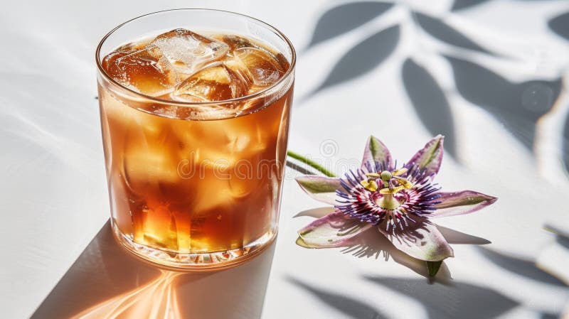 Refreshing Iced Tea Glass with Exotic Passion Flower on Sunny Table ...