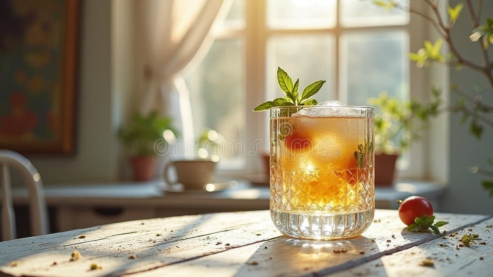Refreshing Iced Tea with Herbs and Cherry Tomatoes in Sunlit Room Stock ...