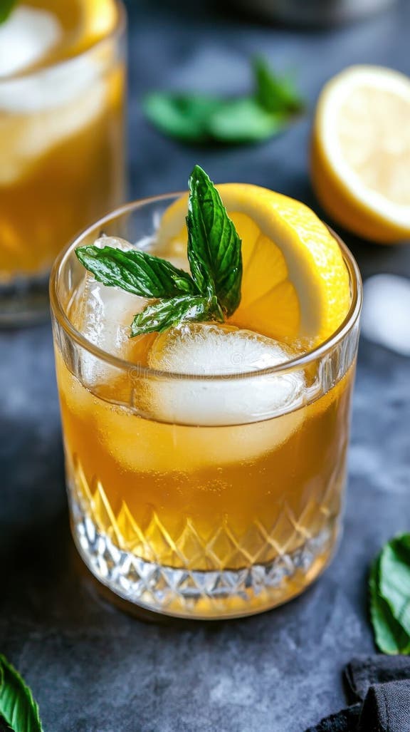 Refreshing Iced Tea with Lemon and Mint on a Cool Textured Surface ...