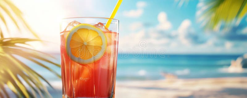 Refreshing Iced Tea with Lemon Slice on Tropical Beach Stock Image ...