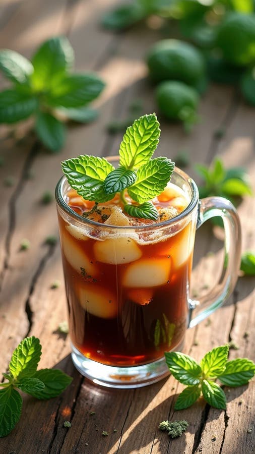 Refreshing Iced Tea with Mint and Ice Cubes on Wooden Table Stock Photo ...