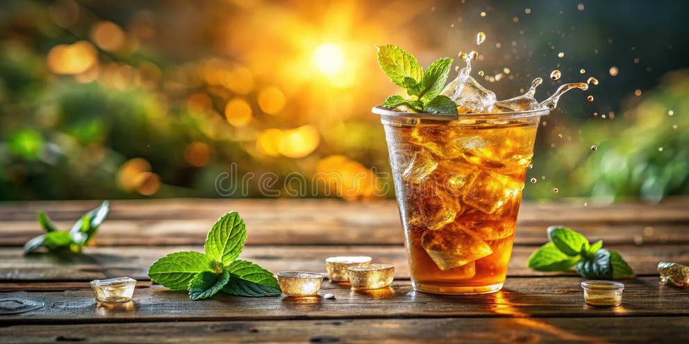 Refreshing Iced Tea with Mint on a Rustic Wooden Table at Sunset ...
