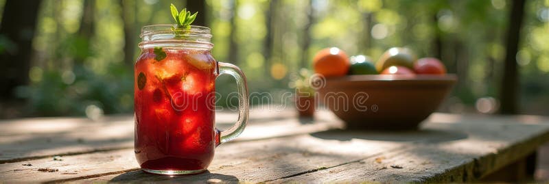 Refreshing Iced Tea with Mint on Sunny Wooden Table in Lush Forest ...