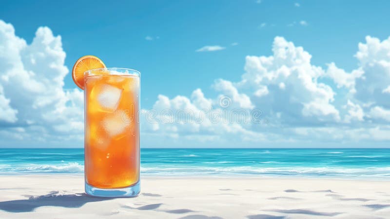 Refreshing Iced Tea with Orange Slice on Sunny Beach with Blue Sky and ...