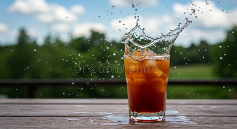 Refreshing Iced Tea Splash in Glass on Wooden Table Stock Illustration ...