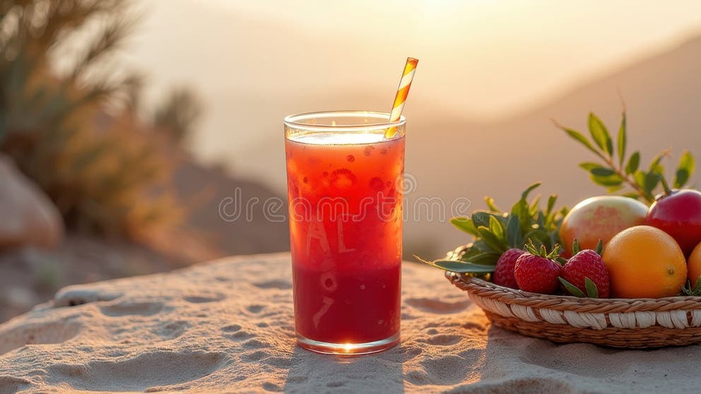 Refreshing Iced Tea with Straw and Fruit Basket on Sunny Beach at ...