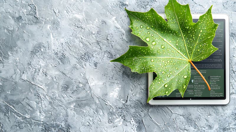 Green Tech Eco Friendly Tablet with Dewy Leaf on Concrete AI Generated ...