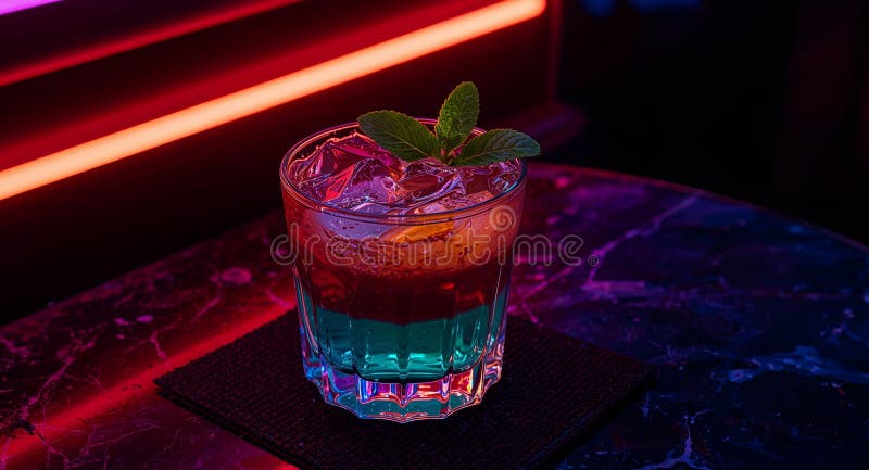 Refreshing Layered Cocktail with Ice, Mint, and Neon Lighting on Marble ...