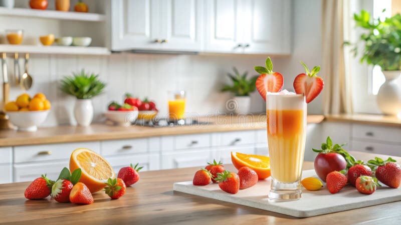 Refreshing Layered Fruit Beverage on Kitchen Counter with Fresh Fruit ...