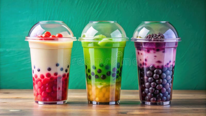Refreshing Layered Fruit Boba Drinks in Clear Plastic Cups. Generative ...