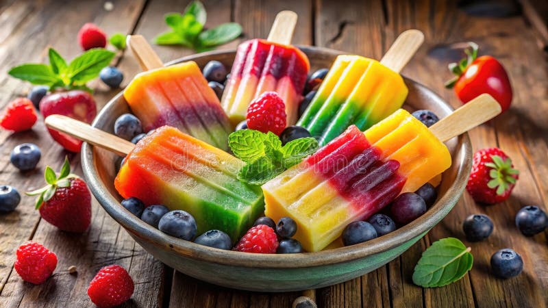 Refreshing Layered Fruit Ice Pops in a Bowl with Fresh Berries and Mint ...