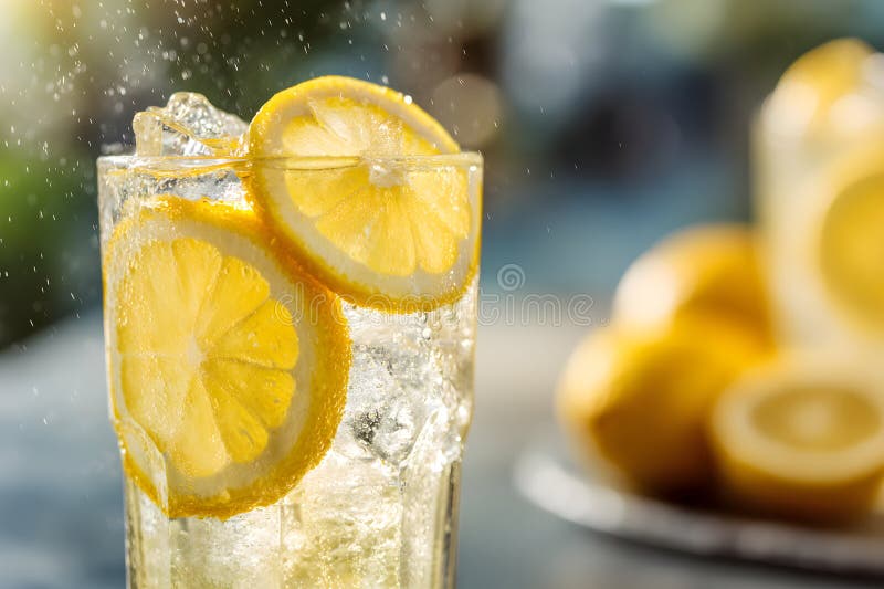 Refreshing Lemon Beverage with Ice Slices and Water Droplets in a Tall ...