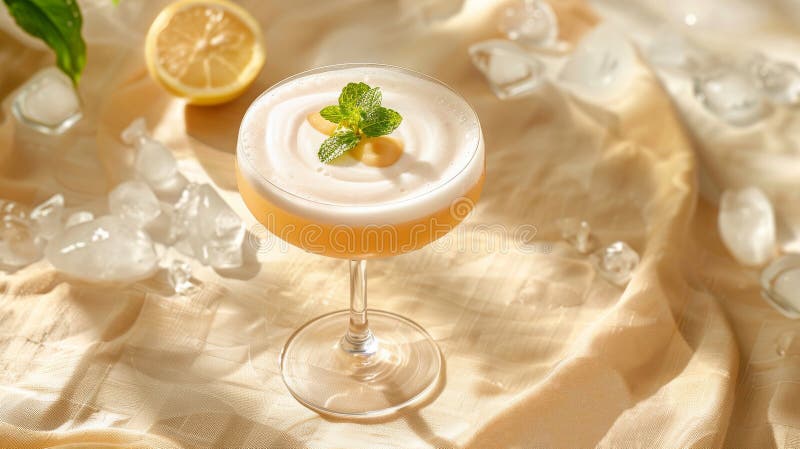 Refreshing Lemon Cocktail with Mint, Surrounded by Ice Cubes on a Beige ...