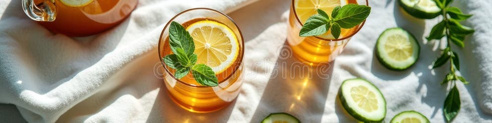 Refreshing Lemon and Cucumber Iced Tea with Mint on Sunlit Table Stock ...