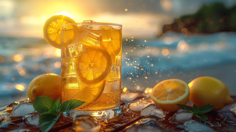 Refreshing Lemon Drink on Beach at Sunset - Generative Ai Stock ...