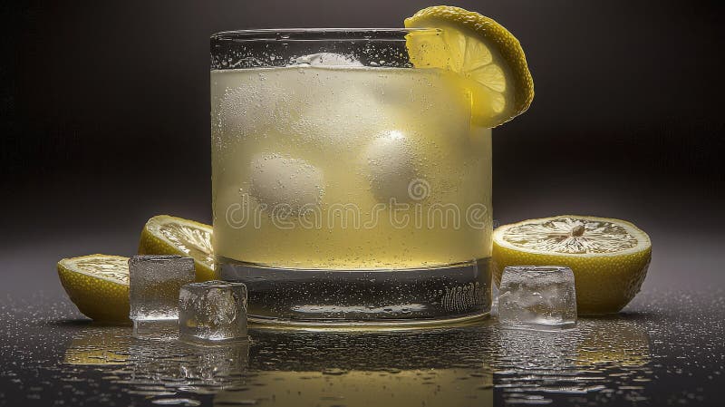 Refreshing Lemon Drink, Ice Cubes, Dark Background, Studio Shot Stock ...