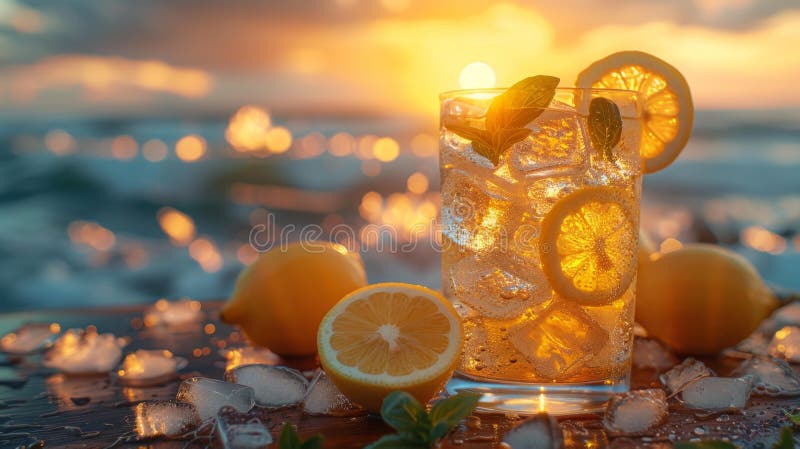 Refreshing Lemon Drink at Sunset - Generative Ai Stock Illustration ...