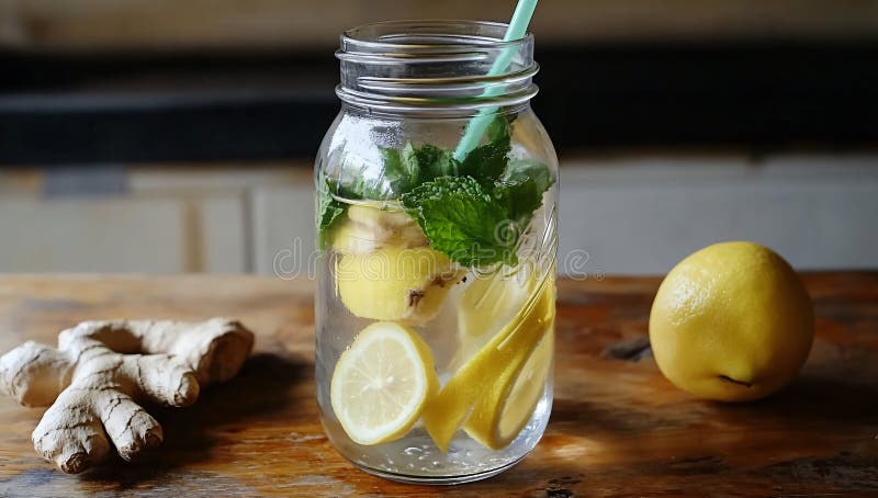 Refreshing Lemon, Ginger, and Mint Infused Water Stock Illustration ...