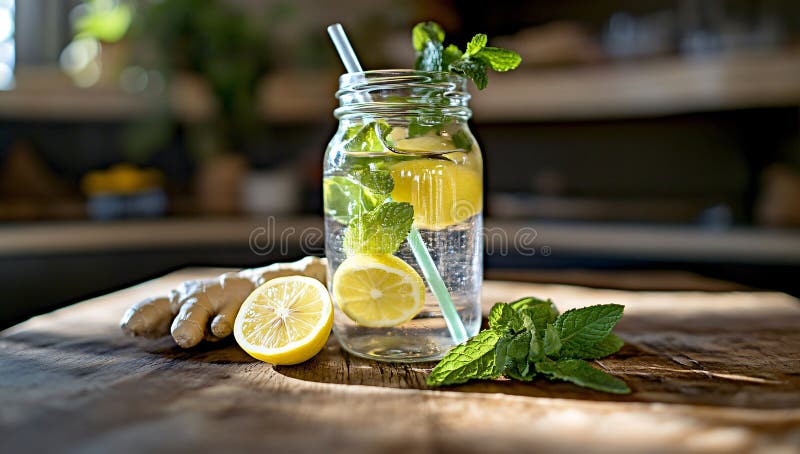 Refreshing Lemon, Ginger, and Mint Infused Water Stock Illustration ...