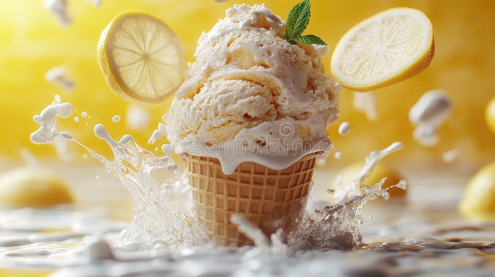 Refreshing Lemon Ice Cream Cone with Splash and Lemon Slices Stock ...