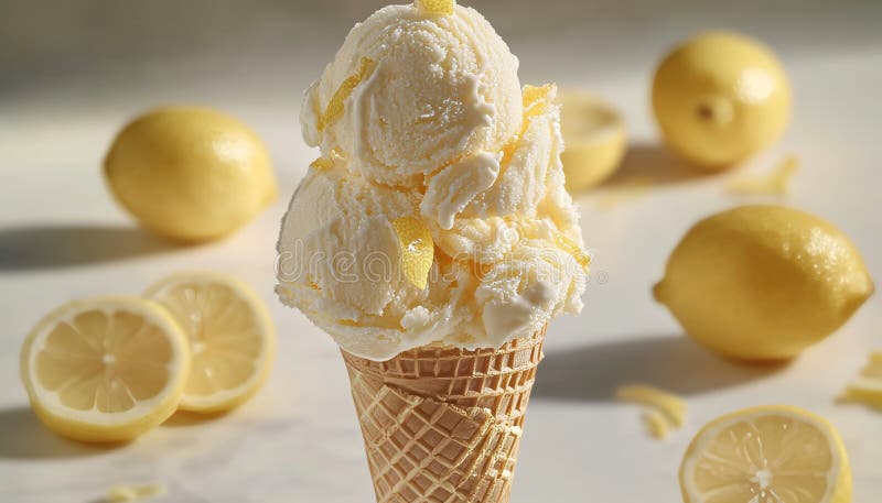 Refreshing Lemon Ice Cream in a Waffle Cone with Fresh Lemon Slices on ...